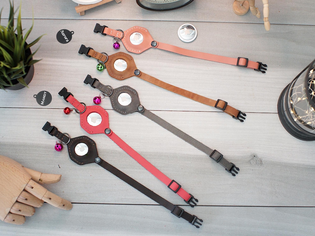 Breakaway Leather Cat Collar With AirTag Holder, Custom Air Tag Cat ...