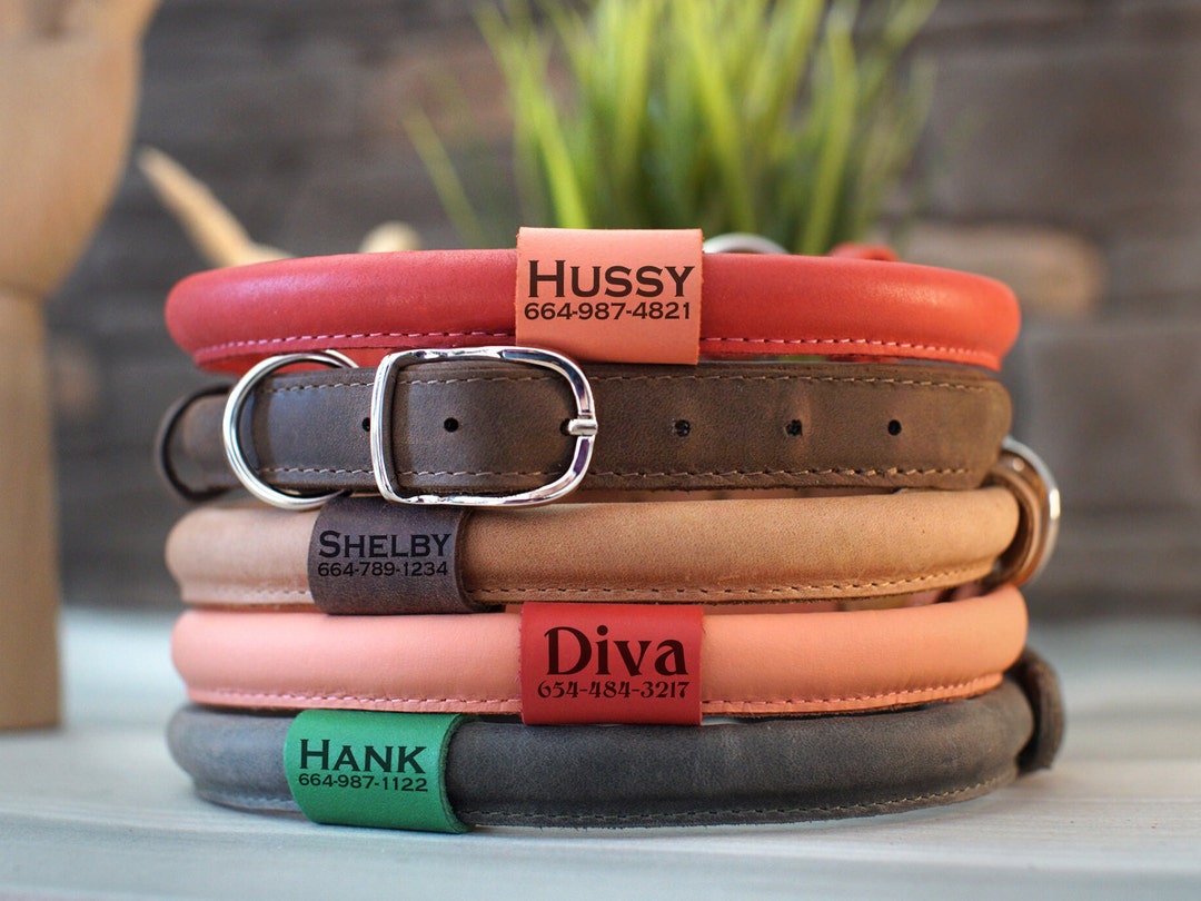 Rolled Leather Dog Collar With Name Bead, Custom Dog Collar ...