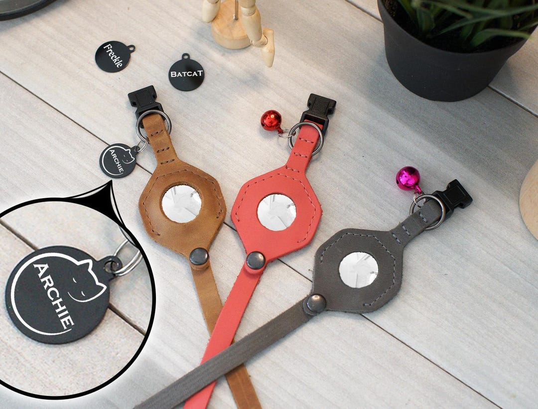 Custom Leather Cat AirTag Collar W/ Bell, Breakaway Cat Collar W/ Air ...