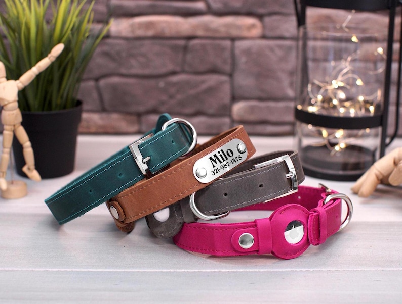 Custom Leather AirTag Dog Collar, Adjustable Pet Collar With Engraved ...