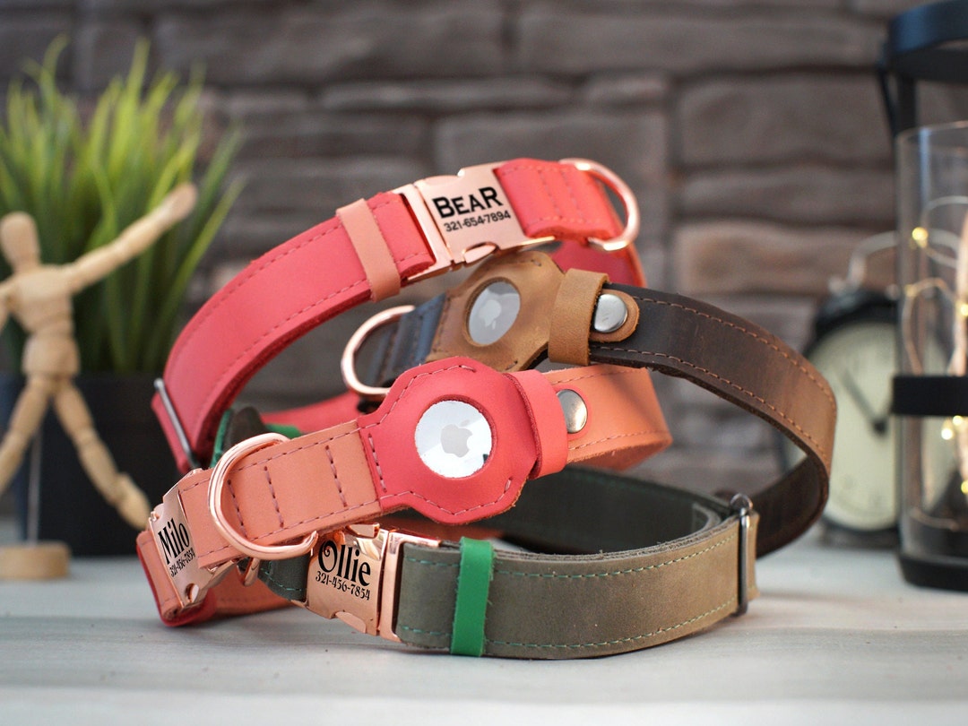 Air Tag Dog Collar Personalized, Leather Dog Collar With Protective ...