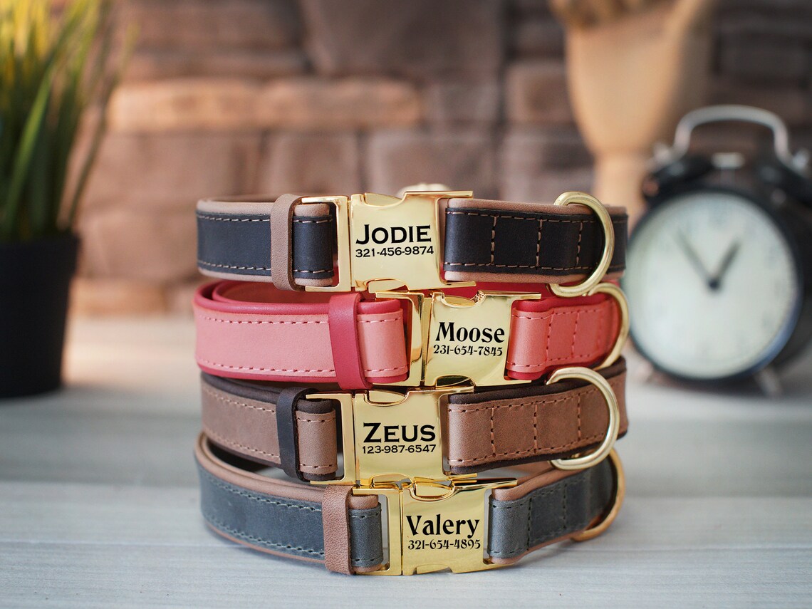 Leather Dog Collar With Engraved Metal Buckle, Personalized Name Dog ...