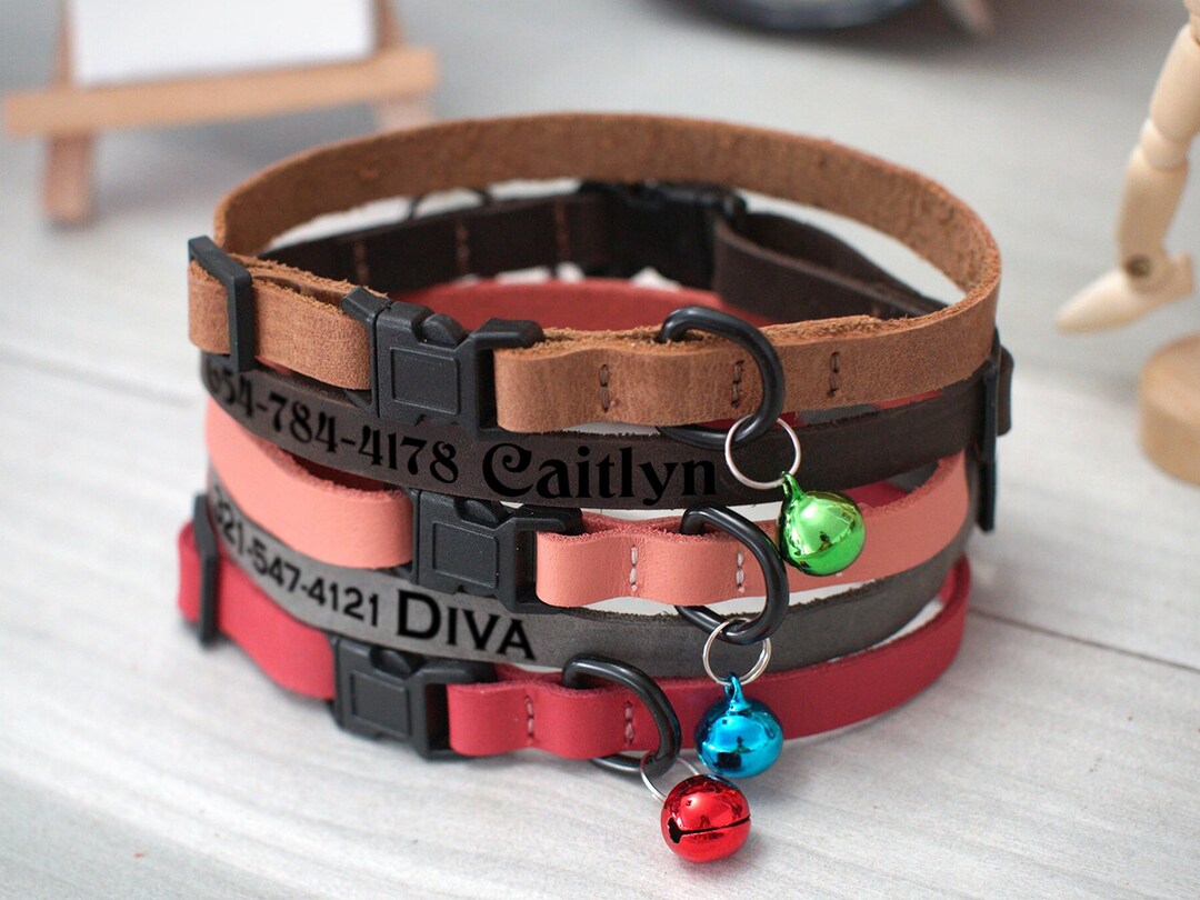 Personalized Leather Cat Collar With Breakaway Buckle, Engraved Leather ...
