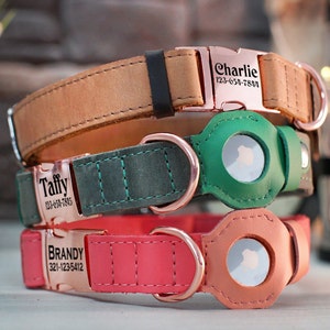 Custom Leather Dog Collar With AirTag Holder, Personalized Air Tag Dog ...