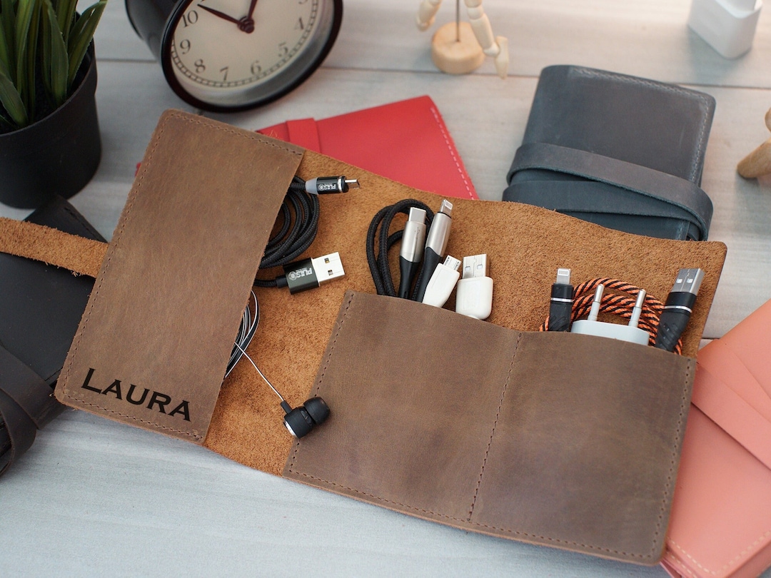 Personalized Leather Cable and Charger Organizer Bag, Travel Cord Roll ...