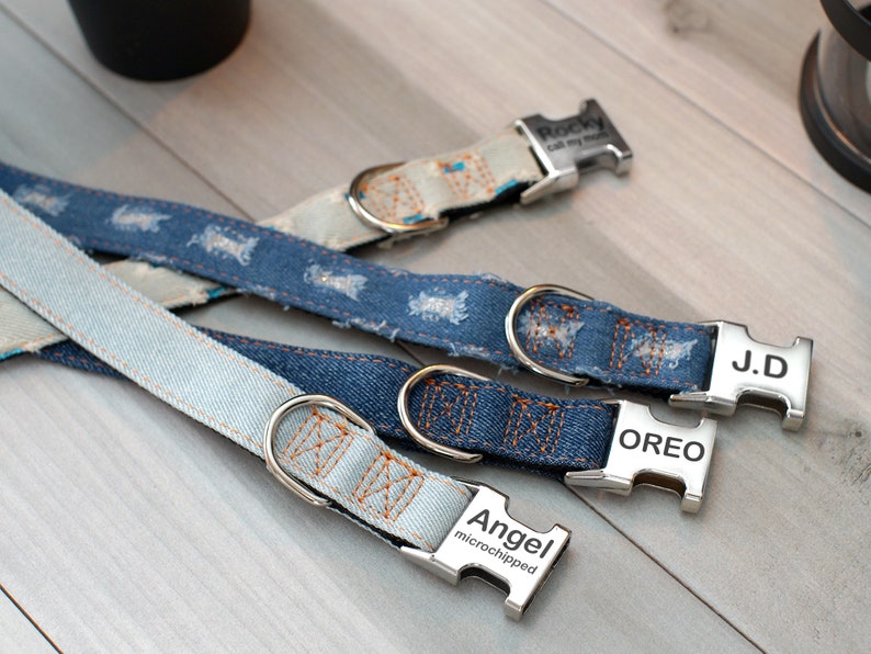 Blue Jean Dog Collar With Custom Engraving Distressed Denim | Etsy