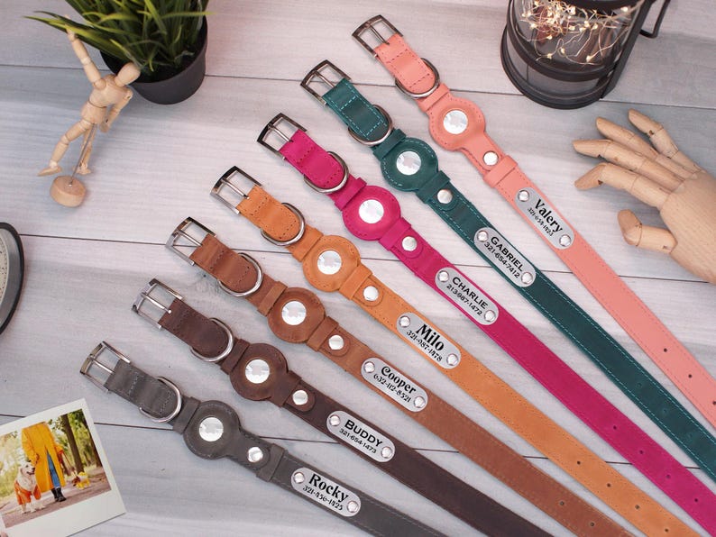 Custom Engraved Dog Collar, Leather AirTag Dog Collar, Personalized Dog ...