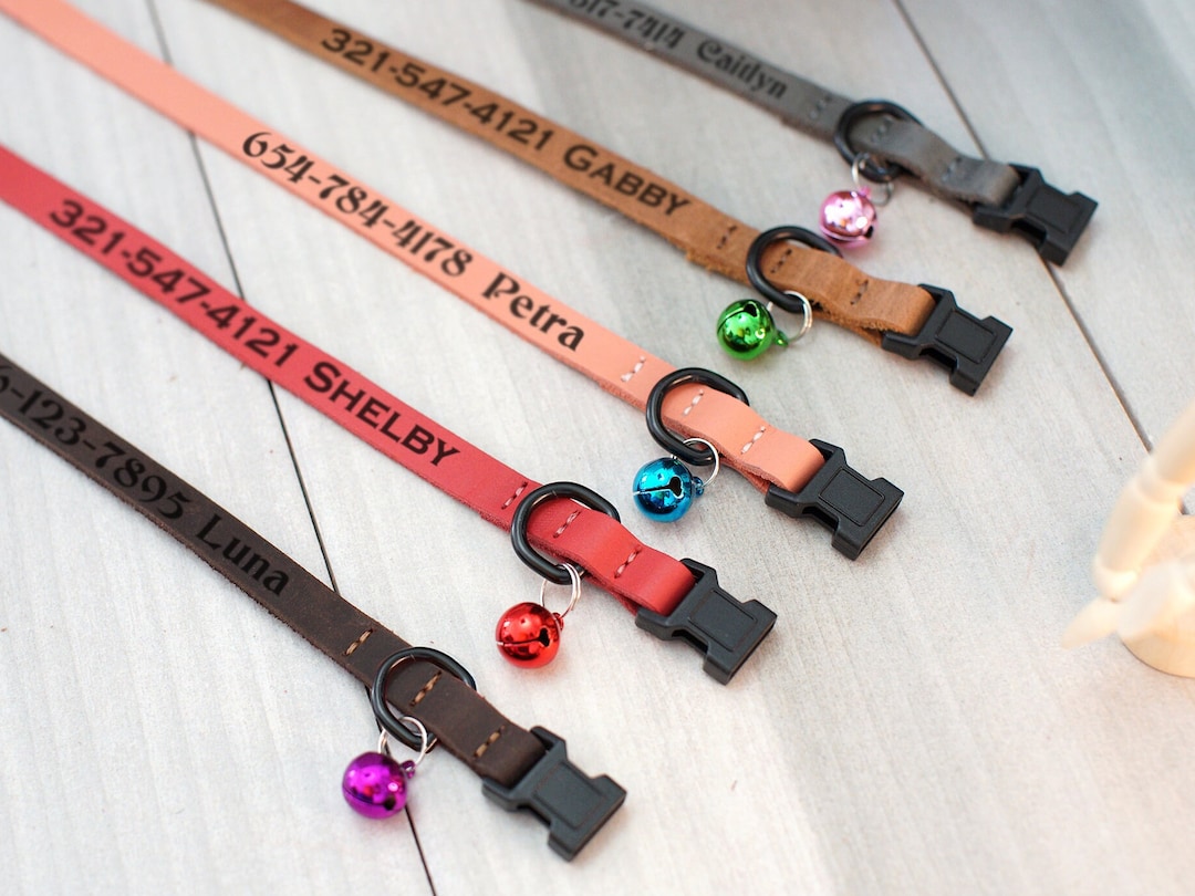 Leather Cat Collar With Engraved Name, Breakaway Cat Collar ...