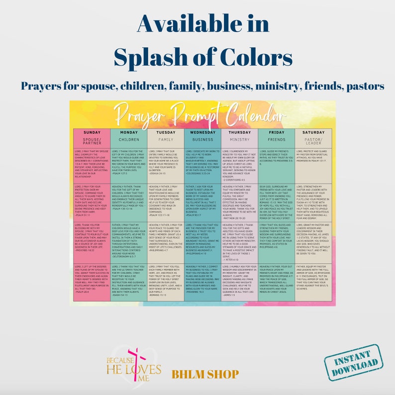SPLASH OF COLOR Prayer Prompt Printable| Prayer Calendar| Topical ...