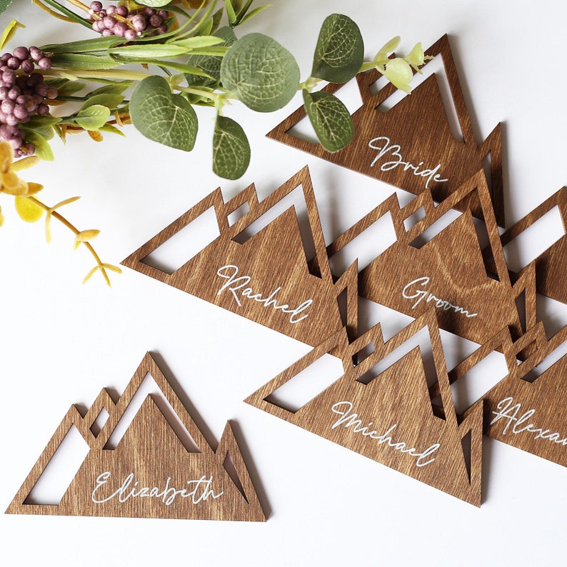 Mountain Wedding Place Cards: Rustic Wood Name Tags, Destination Theme ...