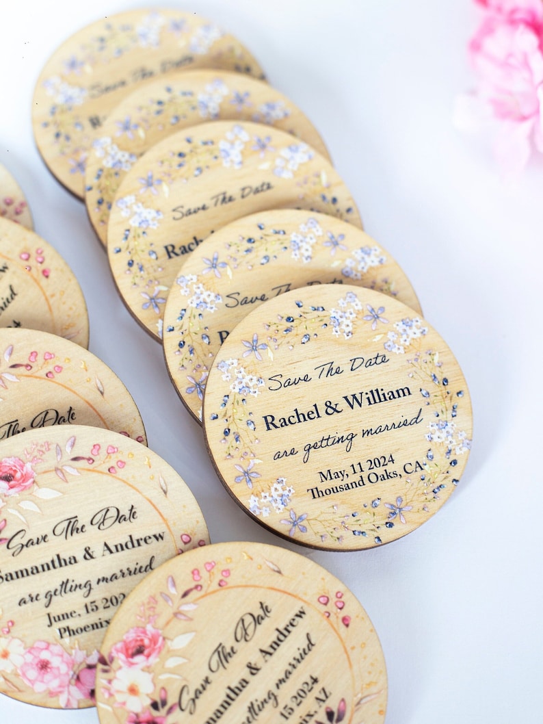 Save the Date Cards With Wooden Magnets, Botanical Wedding Invitation ...