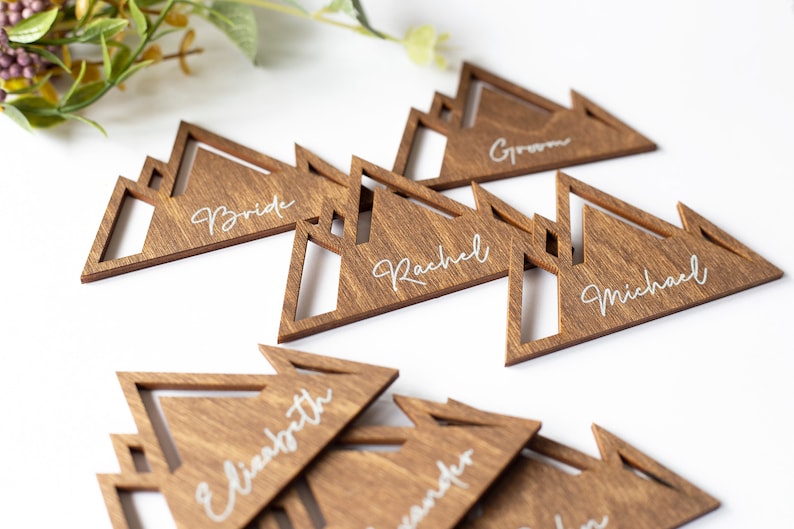 Mountain Wedding Place Cards: Rustic Wood Name Tags, Destination Theme ...