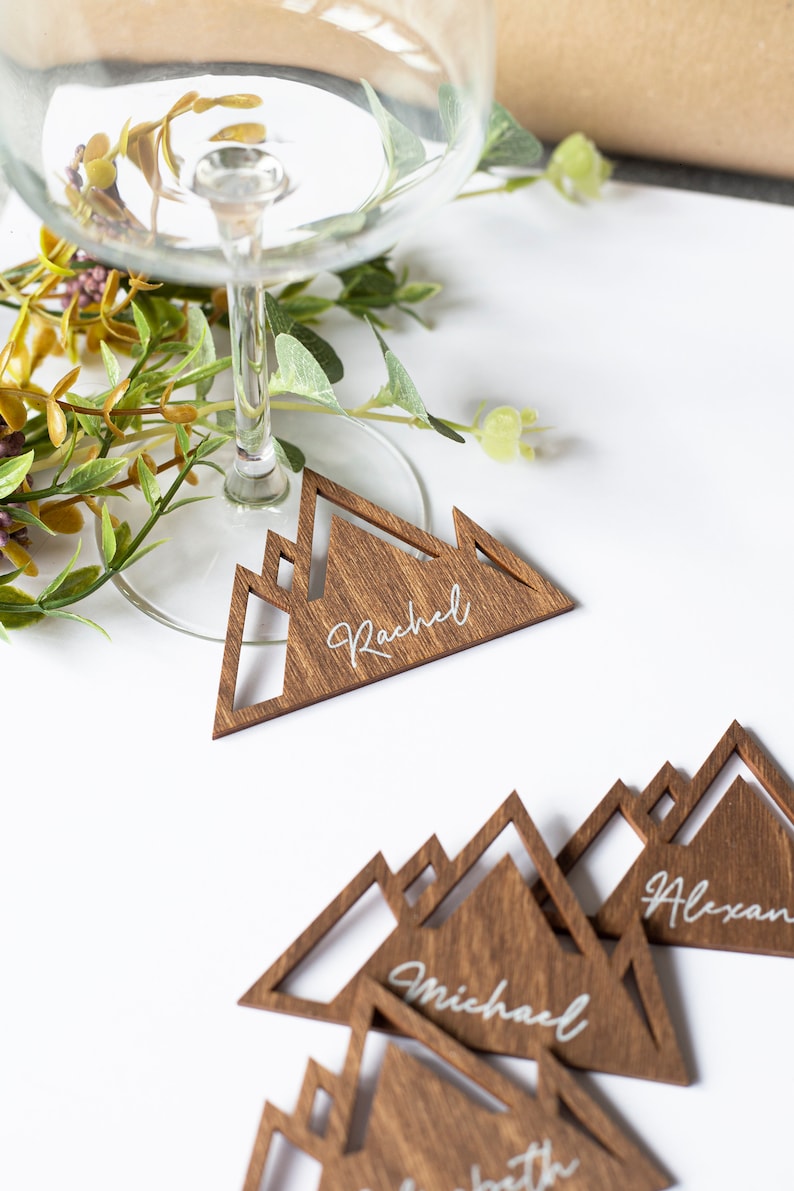 Mountain Wedding Place Cards: Rustic Wood Name Tags, Destination Theme ...