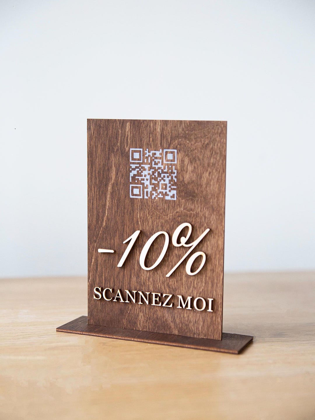 Custom Wooden QR Code Table Sign for Business — Discount Promo Display ...