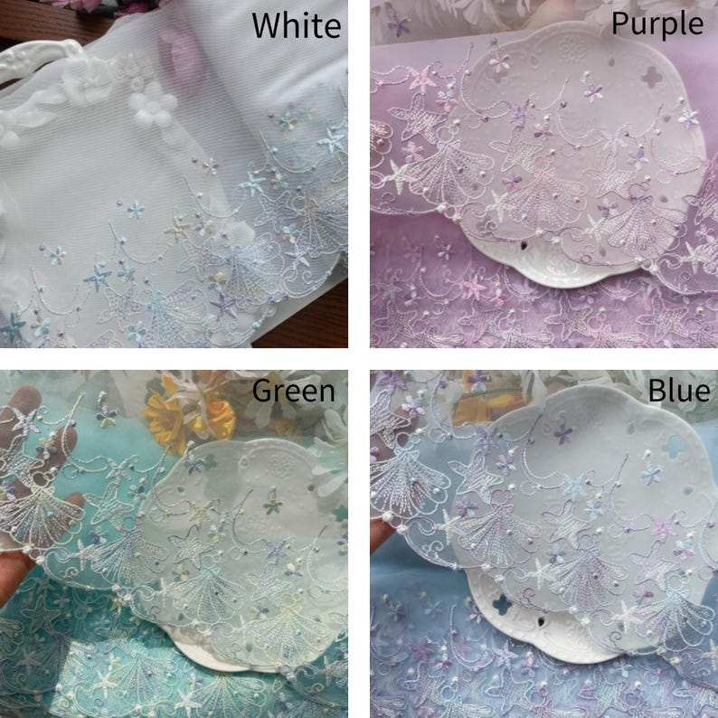 Blue Star & Shell Lace Fabric, Gradient Mesh Embroidery Fabric, Fabric ...