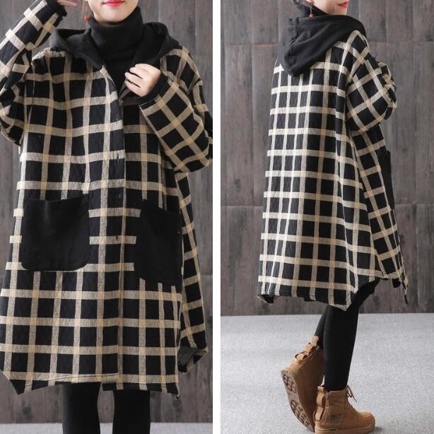 Black Plaid Cotton Coat, Women Warm Cotton Jacket, Winter Warm Hooded ...