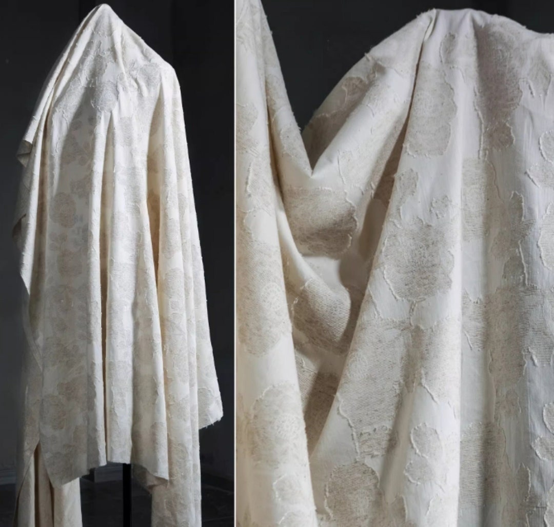 White Cotton Linen Fabric, Floral Jacquard Fabric, 59inch Wide Cutting ...