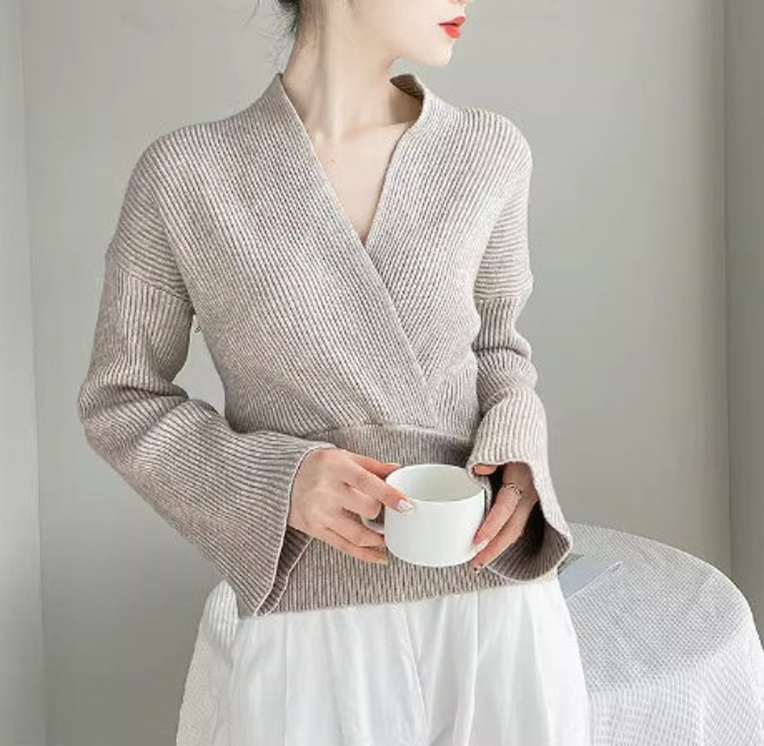 Cream Lazy Wrap Crochet Sweater, V-neck Crossover Wrap Sweater, Loose ...