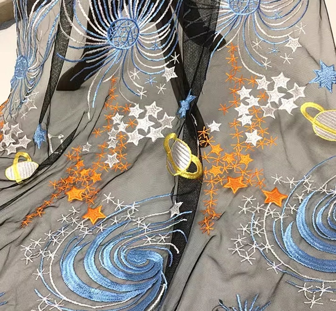 Black Tulle Lace Fabric, Space Saturn Mesh Fabric, Exquisite Embroidery ...
