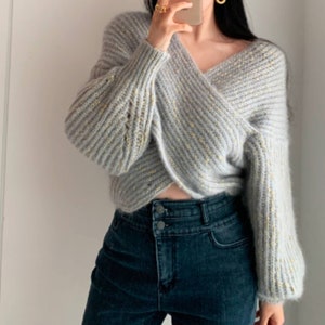 Gray V-neck Crochet Wrap Sweater, Lazy Crossover Wrap Sweater, Women ...