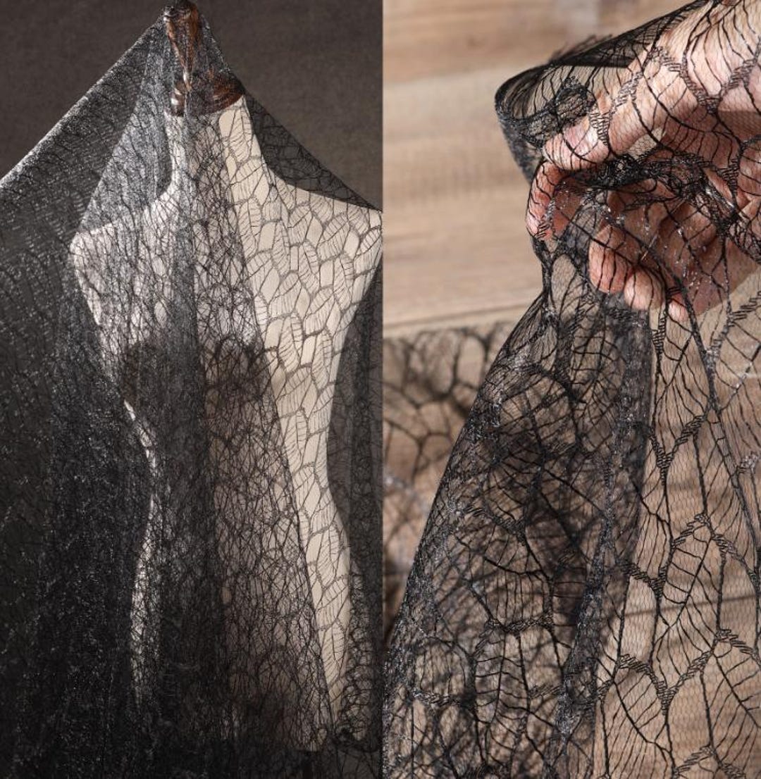 Black Leaf Mesh Fabric, Yarn Hollowed Out Mesh Fabric, Sheer 59'' Width ...