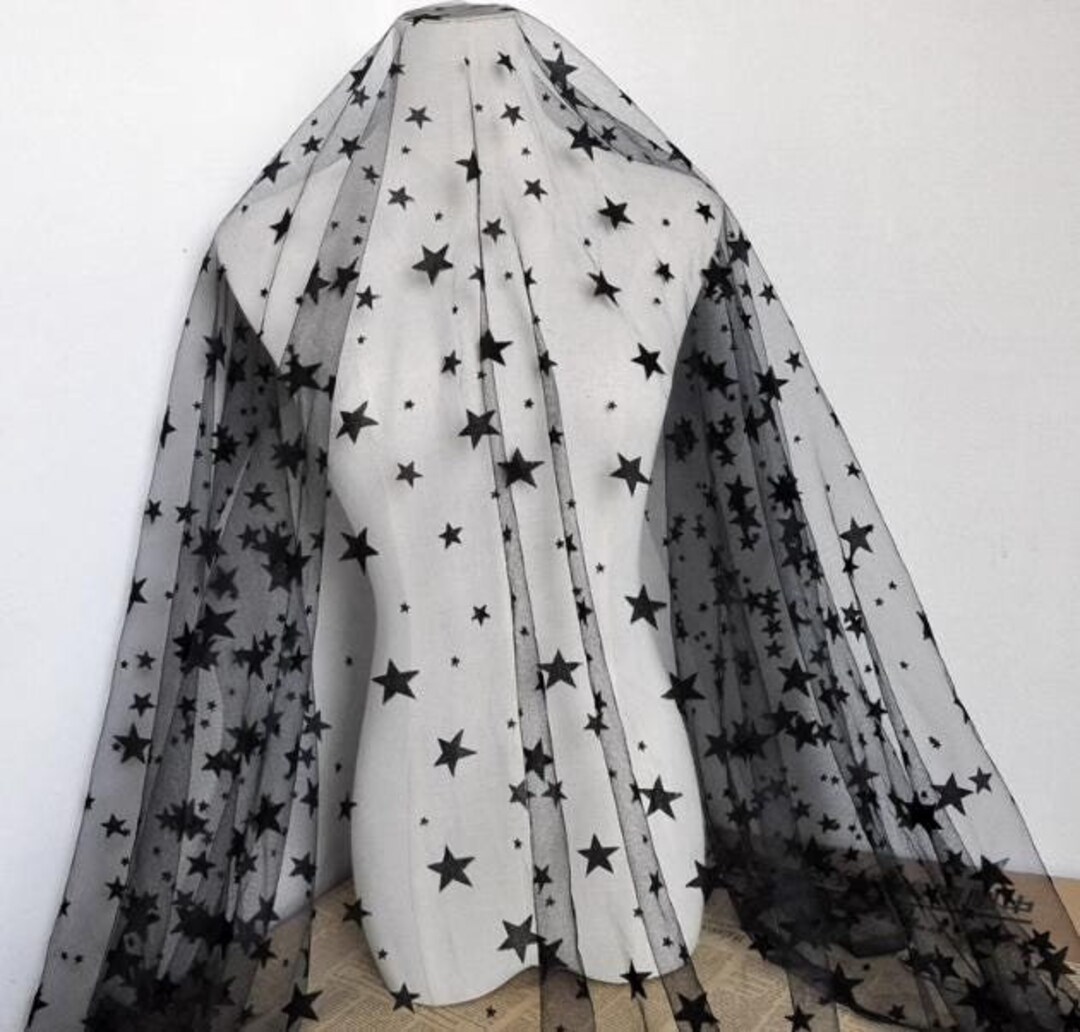 Black Tulle Fabric, Flocked Pentagram Mesh Fabric, Handmade Star Lace ...