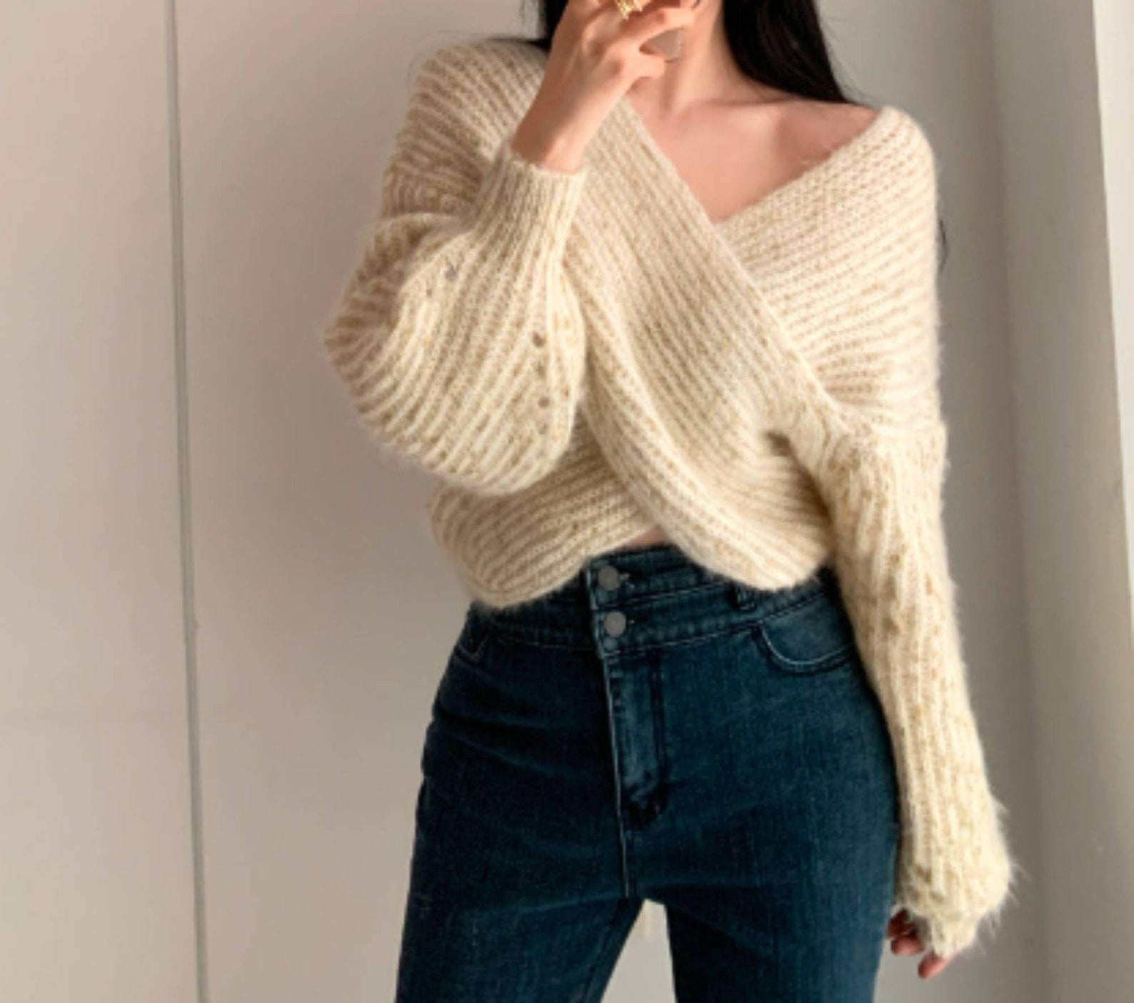 Gray V-neck Crochet Wrap Sweater, Lazy Crossover Wrap Sweater, Women ...