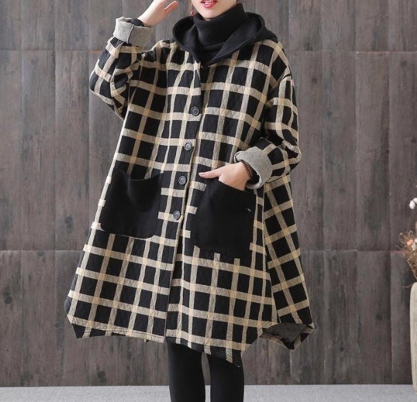 Black Plaid Cotton Coat, Women Warm Cotton Jacket, Winter Warm Hooded ...