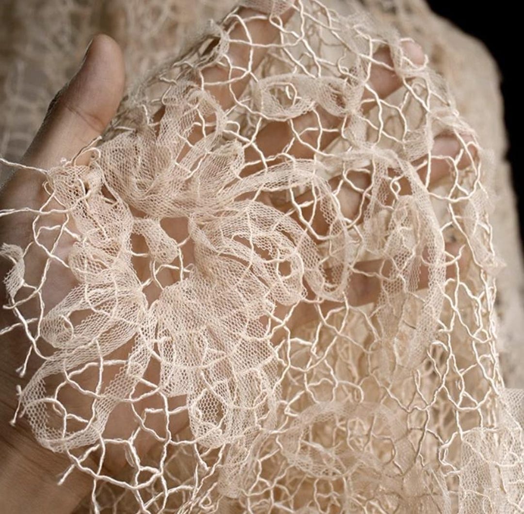 Beige Hollowed Texture Mesh Fabric, See-through Jacquard Fabrics ...
