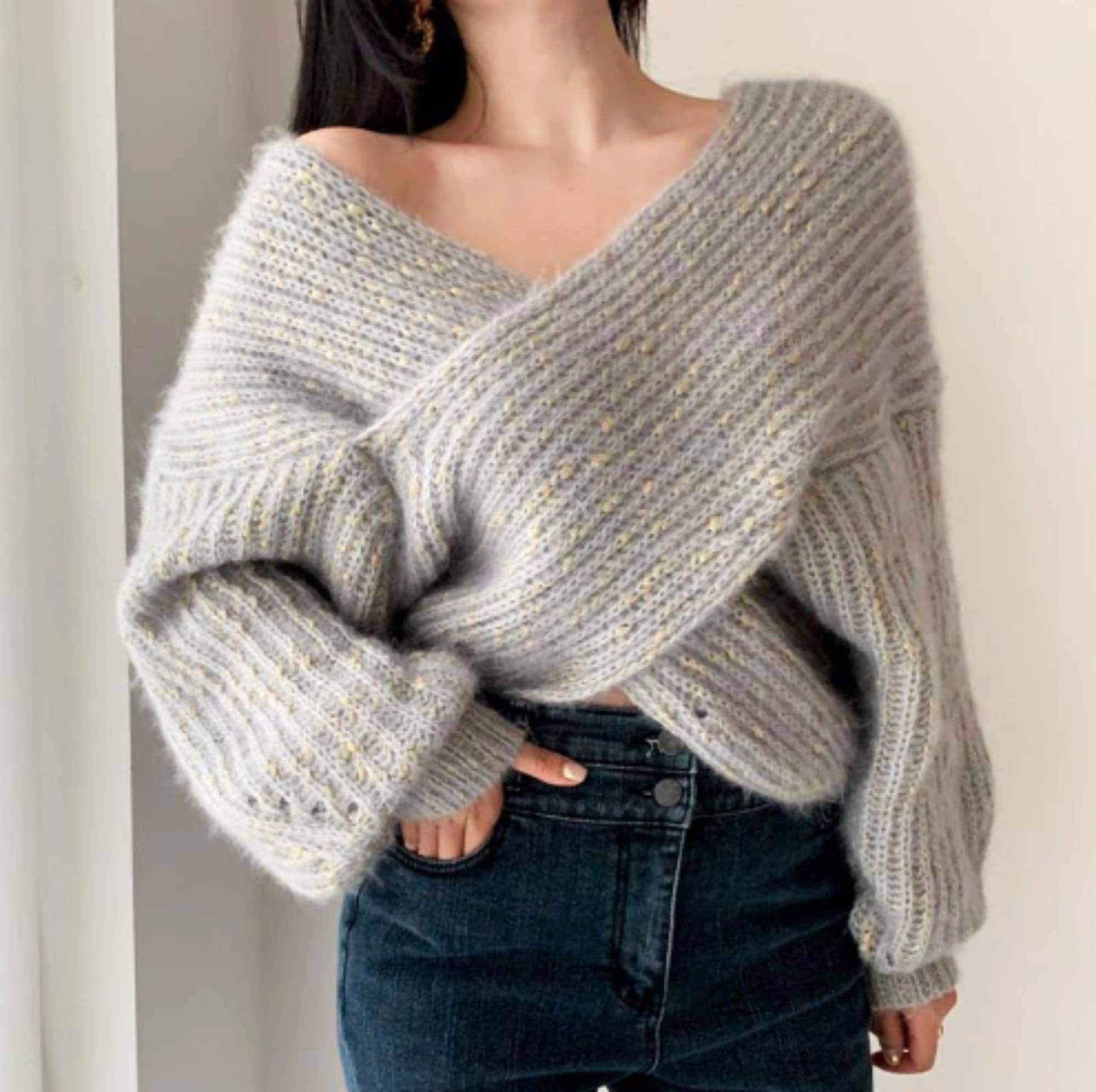 Gray V-neck Crochet Wrap Sweater, Lazy Crossover Wrap Sweater, Women ...