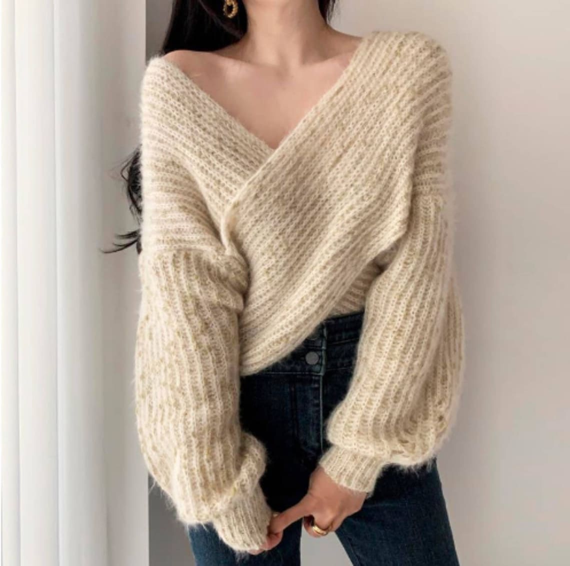 Beige Wrap Crochet Sweater Lazy V-neck Crossover Wrap - Etsy