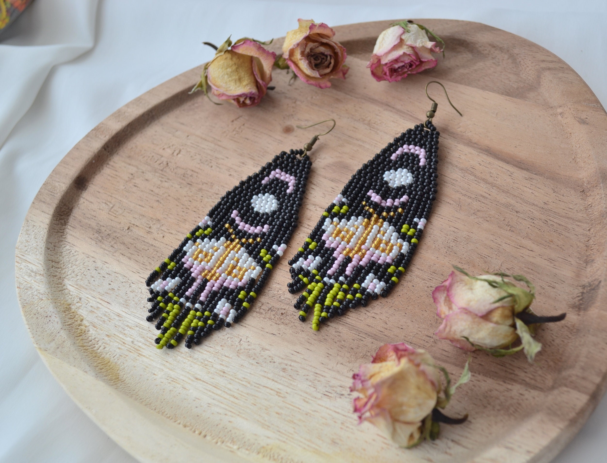 Moon Moth Bead Earringsboho Bead Earringsfringe Bead - Etsy