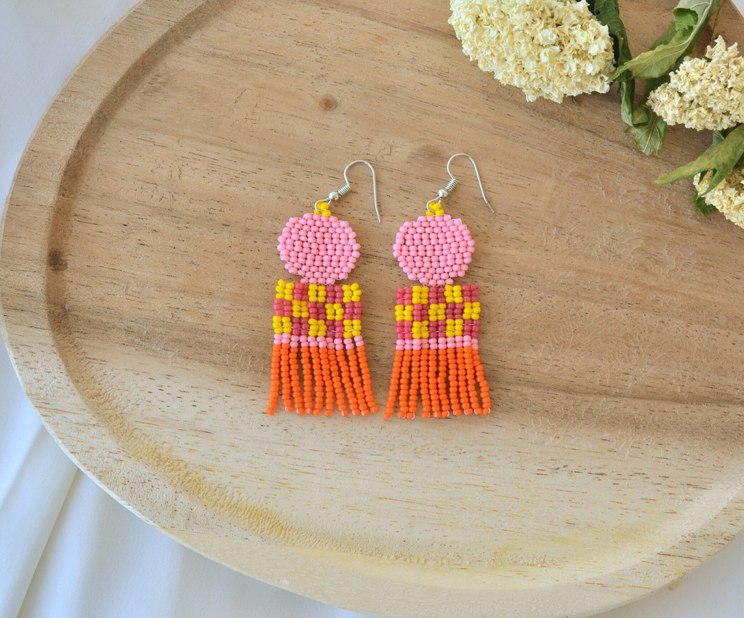 Abstract Bead Earringsboho Bead Earringscircle Bead Earringscolor Block ...