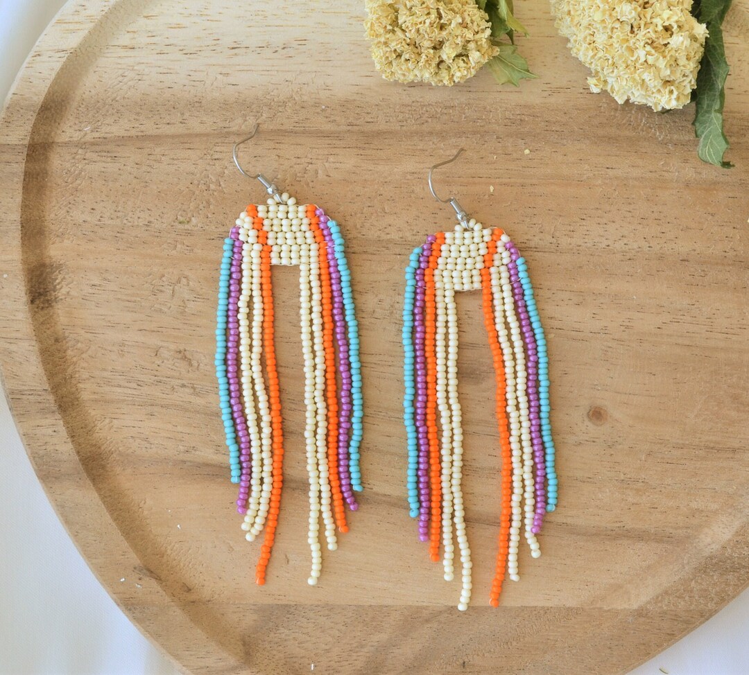 Folk Ivory Rainbow Bead Earringsboho Bead Earringsfringe - Etsy