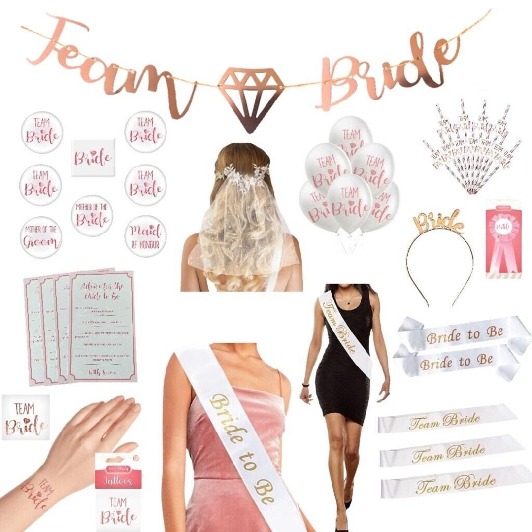 Team Bride Hen Party Bride to Be Night Do Sashes Veil Tiara Tattoo Game ...