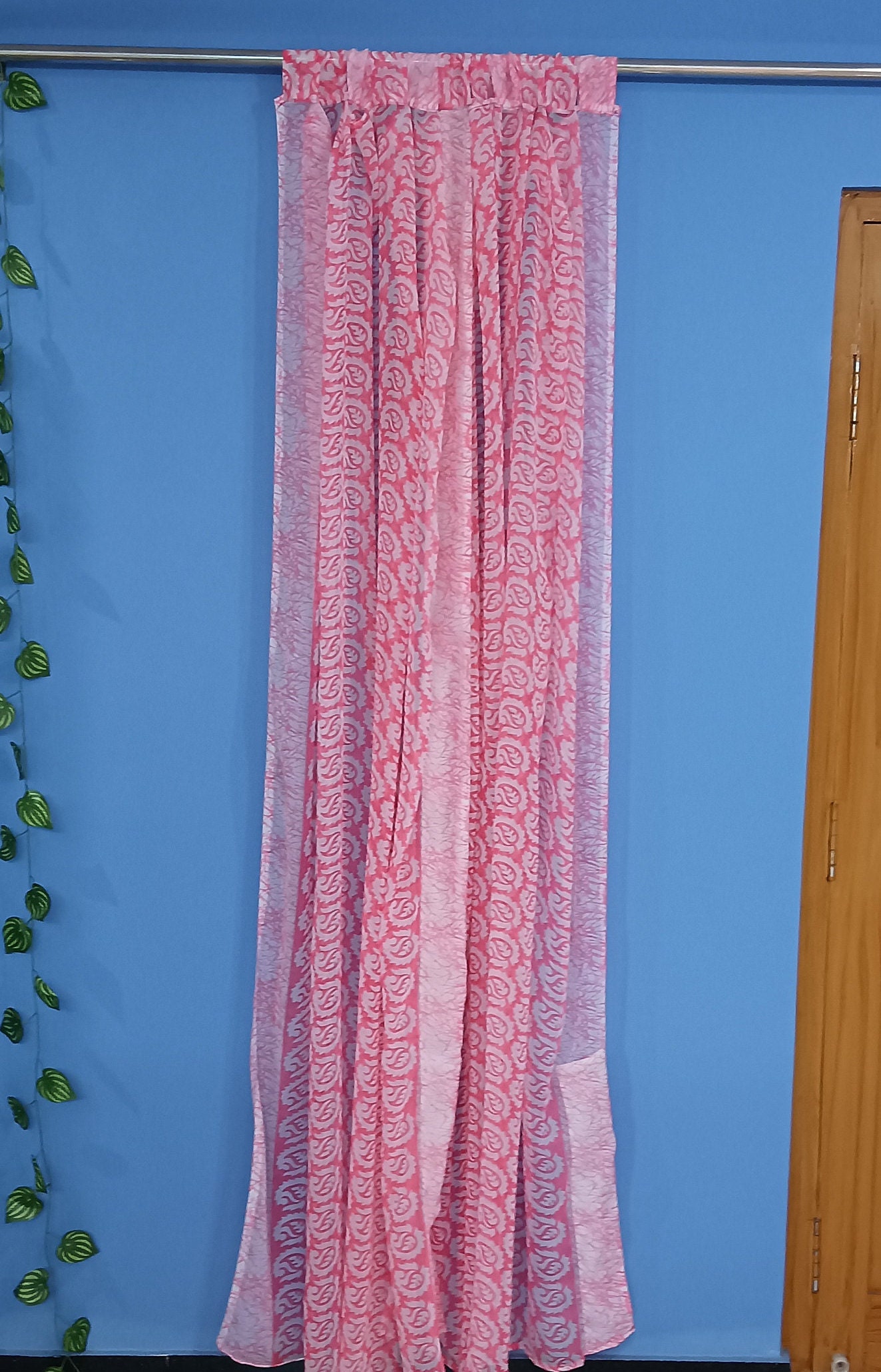Indian Silk Saree Curtains: Neon Pink Floral Sheer Panels - Etsy
