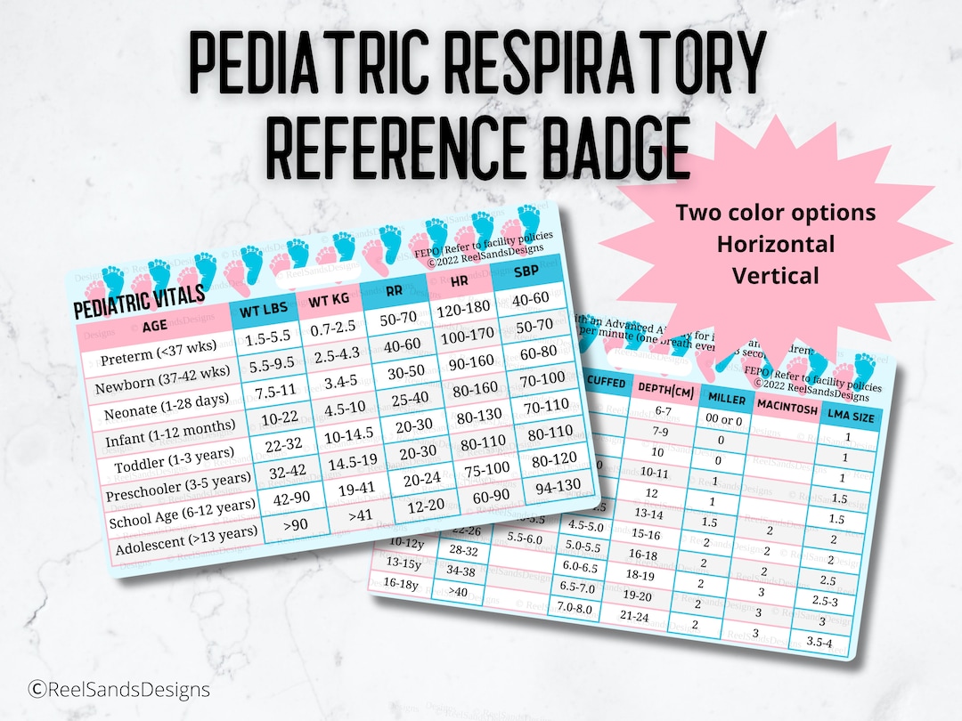 Pediatric Vitals Respiratory ETT Size Quick Reference Badge Buddy Card ...