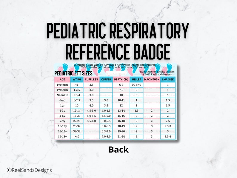 Pediatric Vitals Respiratory ETT Size Quick Reference Badge Buddy Card ...