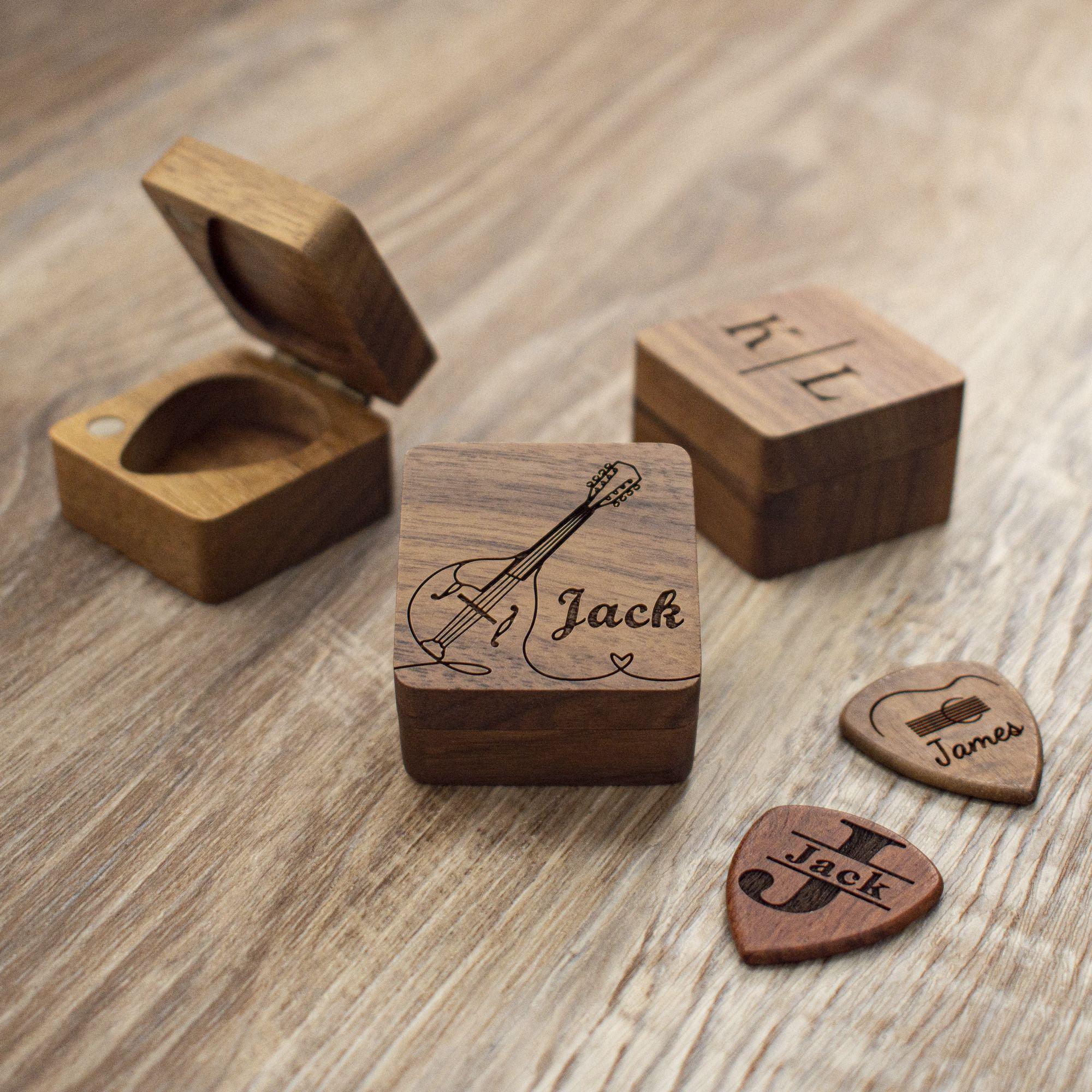 Personalized Wooden Mandolin Pick Box, Custom Engraved Guitar Picks ...