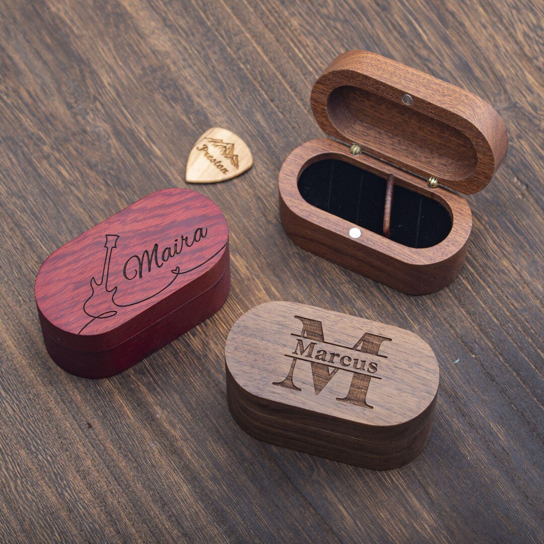 Personalized Wooden Guitar Pick Box: Engraved Plectrum Case, Musician ...