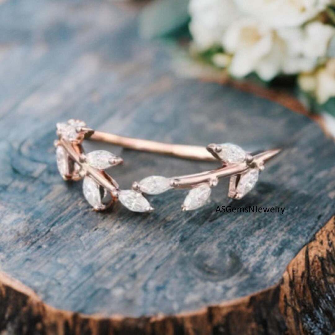 Moissanite Marquise Cut Leaf Vines Band, Rose Gold Plated Wedding ...