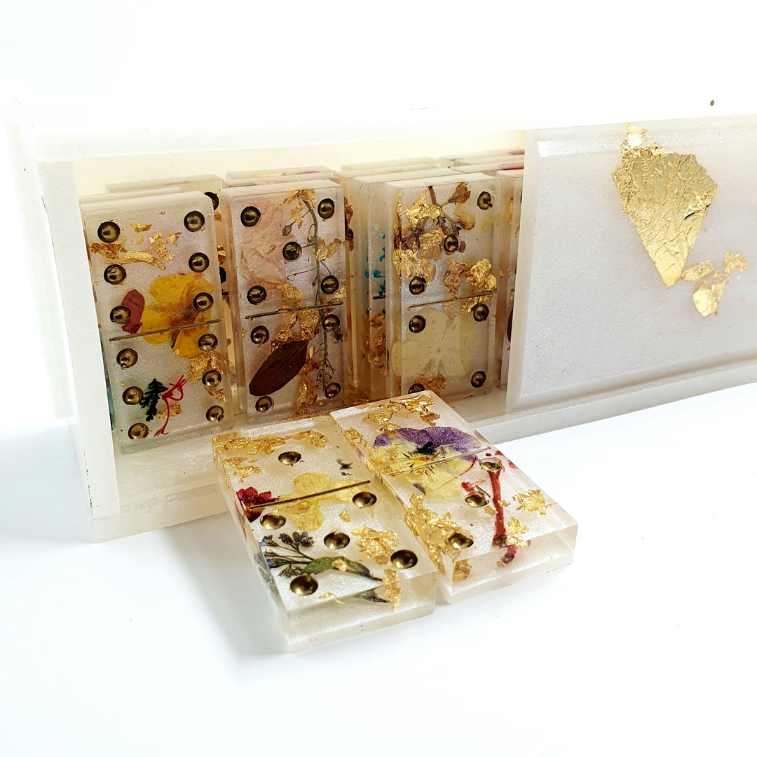 Floral Resin Domino Set With Box, Handmade Dominoes With Dry Pressed ...