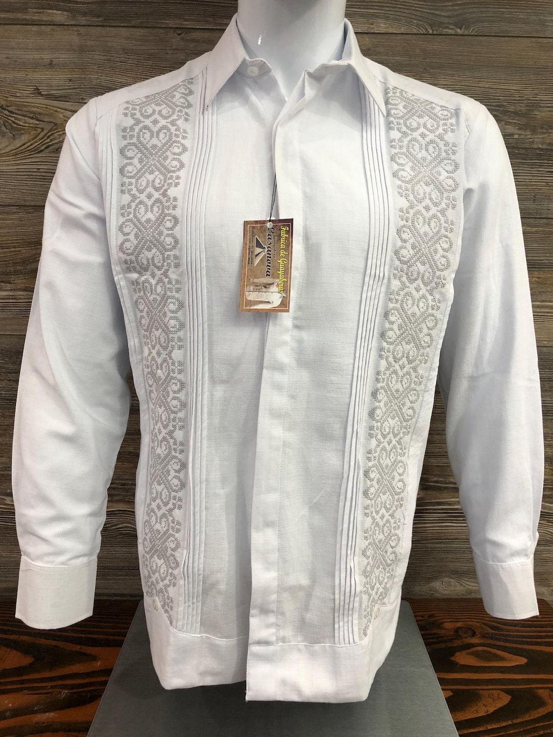 Mens Handcrafted Mexican Guayabera Wedding Shirt Long Sleeve Silver ...