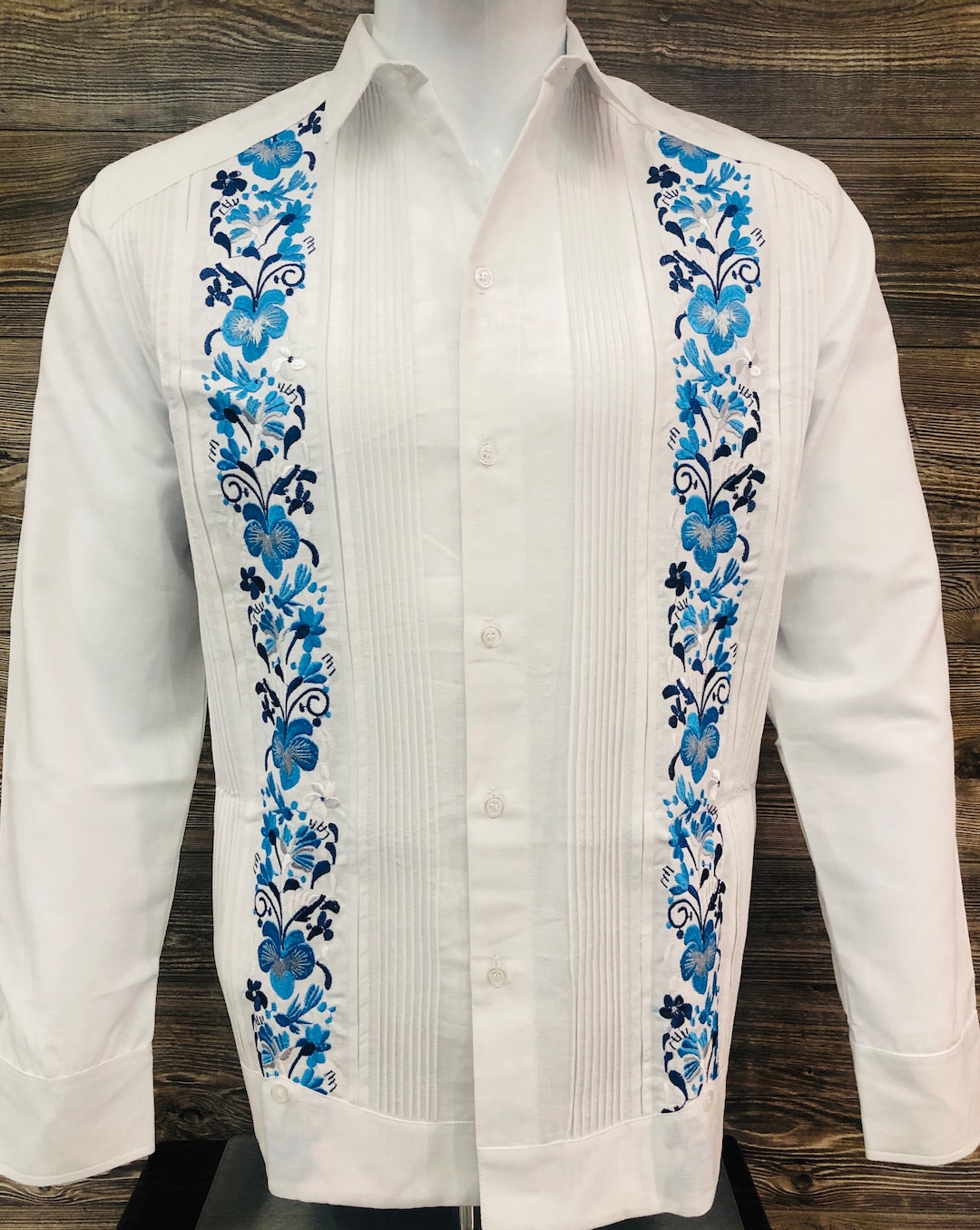 Mens Mexican Guayabera Wedding Shirt Hummingbird Blue Flower Embroidery ...