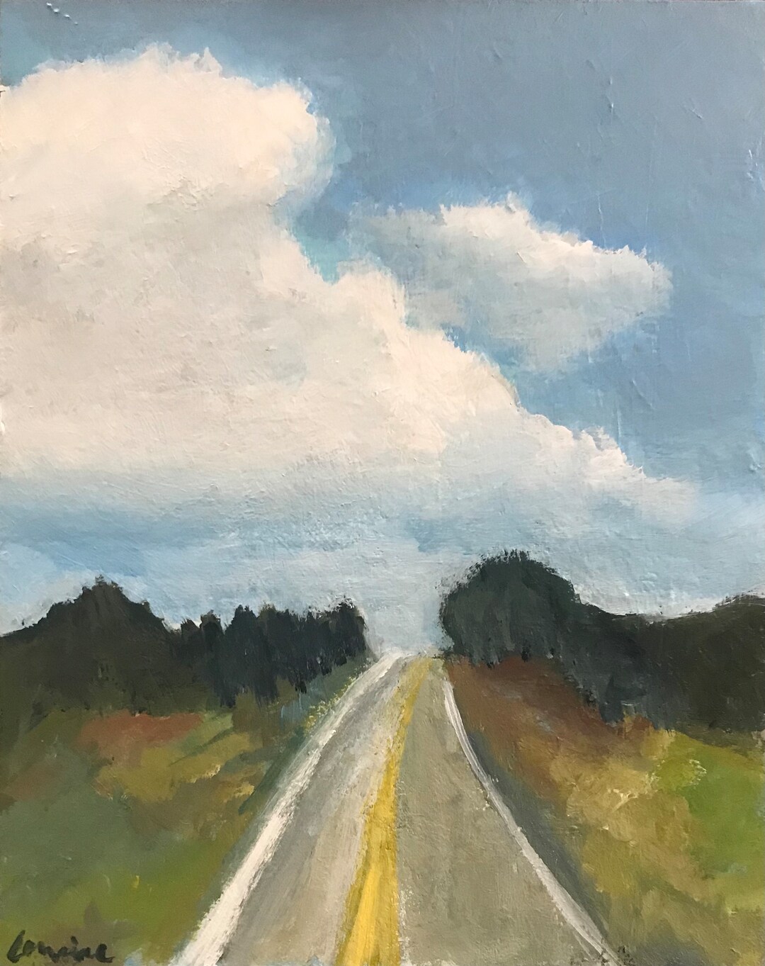 Green Landscape Painting With Clouds Original Country Road Art 8x10 ...