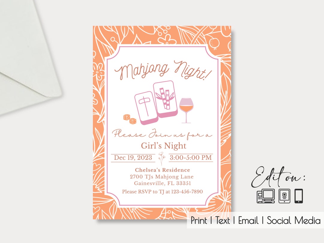 Mahjong Night Editable Invitation| Mahjong Party| Tournament| Birthday ...