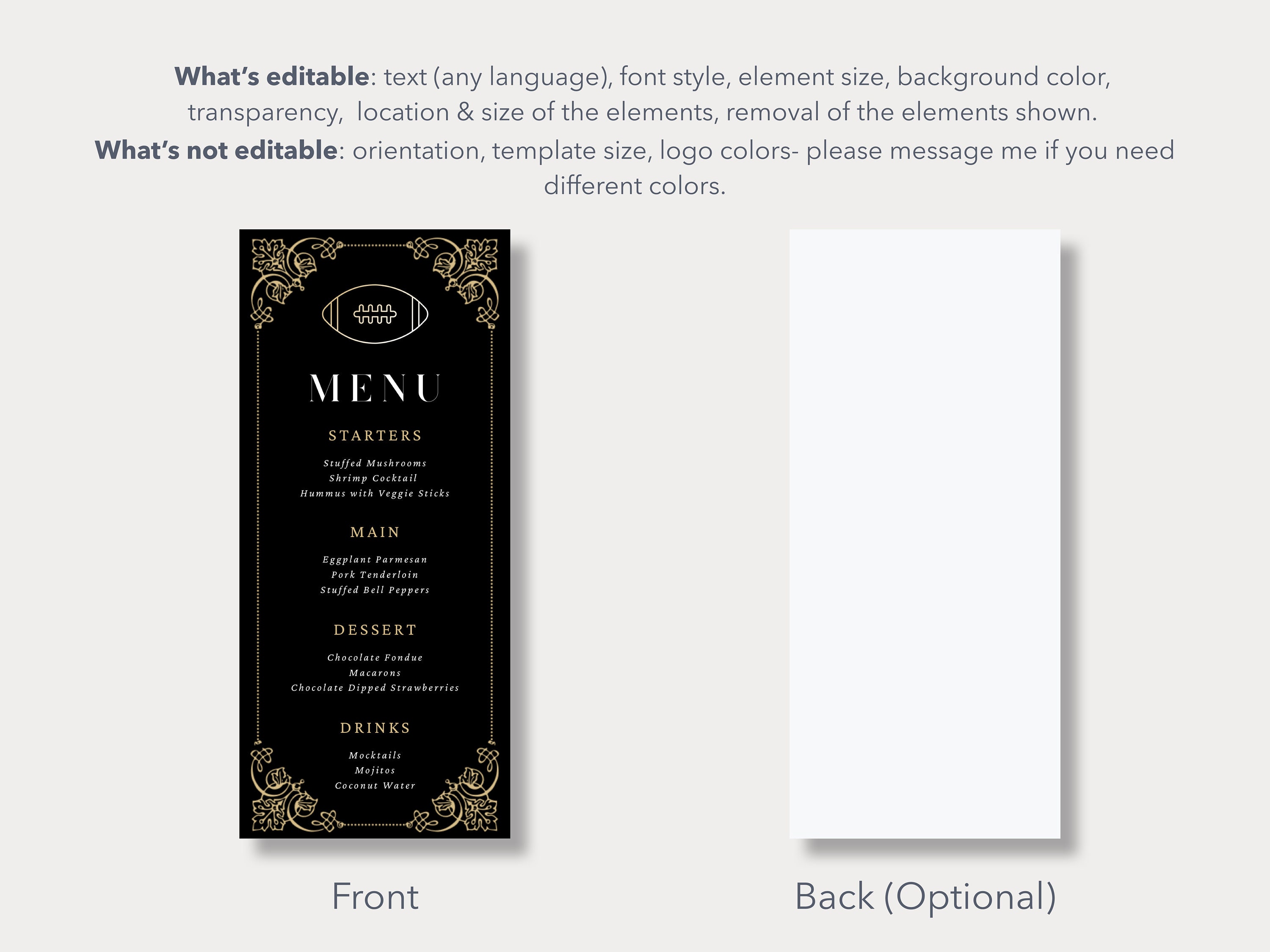 Formal Football Theme Editable Drink Menu Template| 4x9| Award Night ...