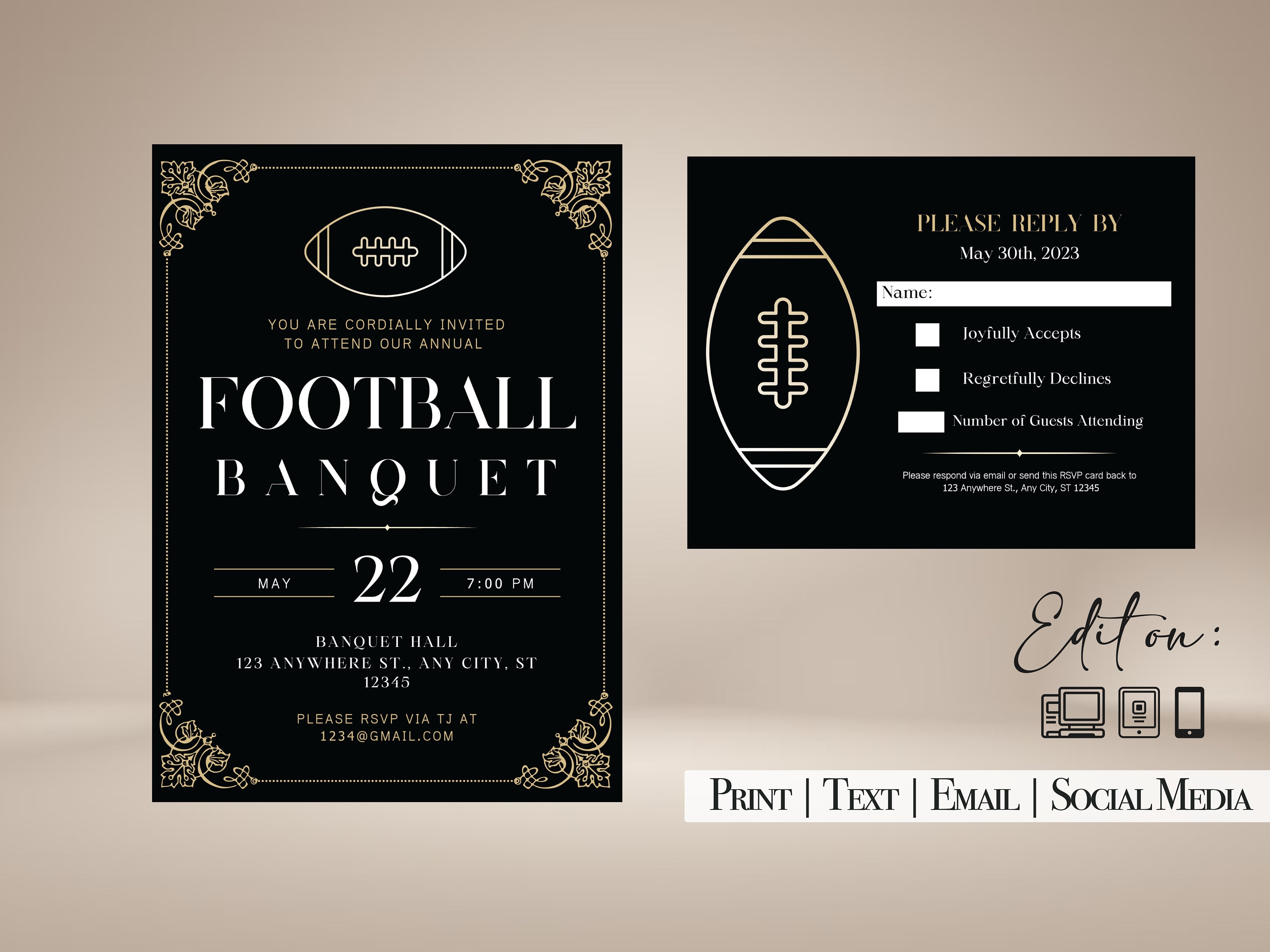 Elegant Event Editable Invitation 5x7| RSVP Card 5.5x4.25 | Football ...