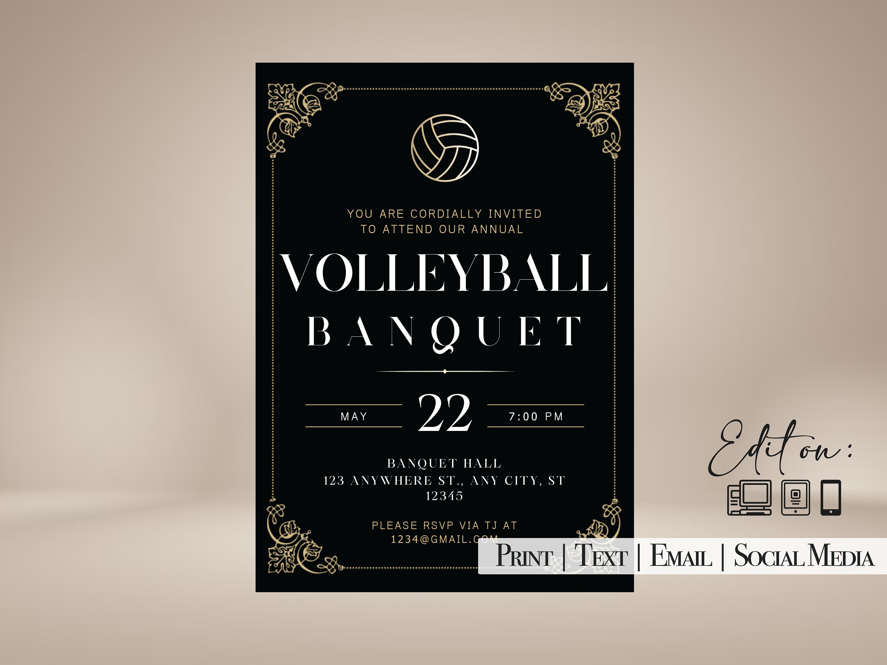 Elegant Volleyball Editable Invite 5x7 Volleyball Banquet - Etsy