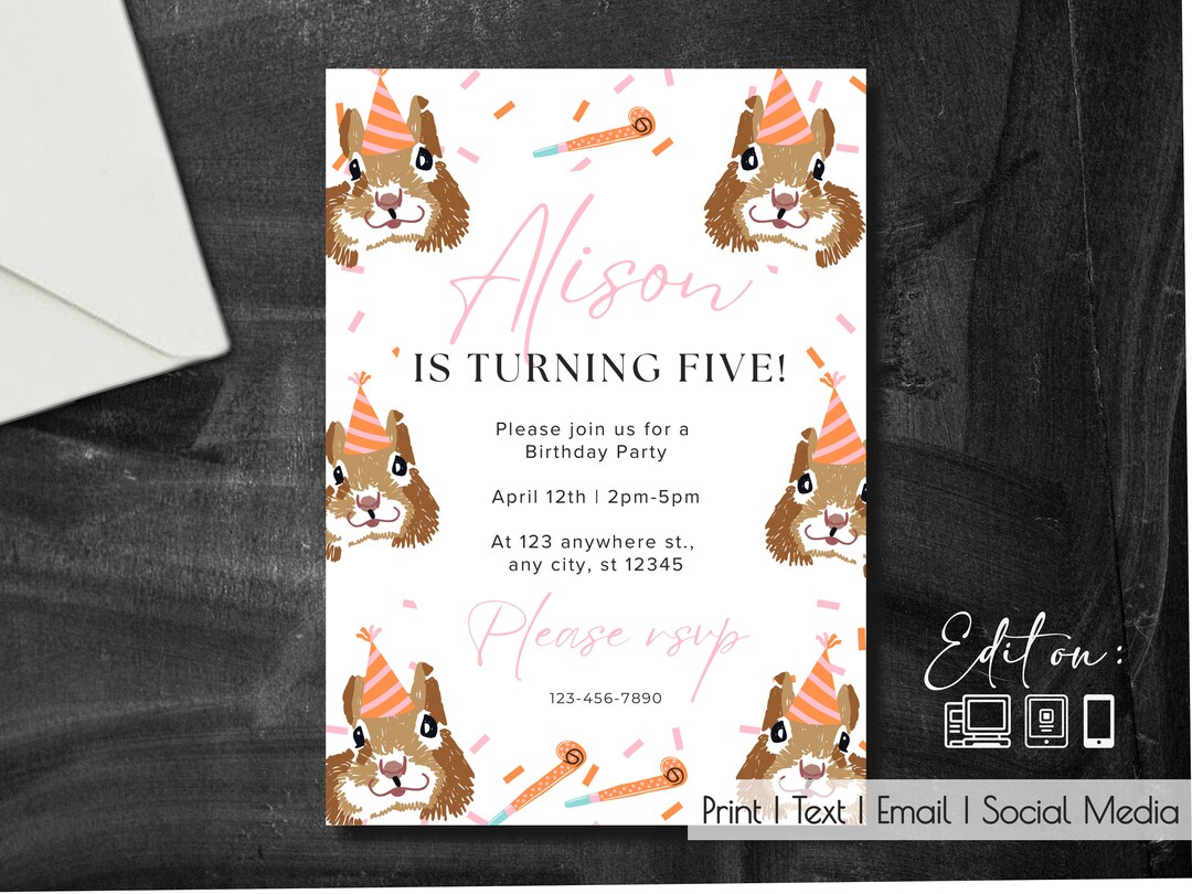 Unisex Chipmunk Editable Invite| Girl| Boy| 1st Birthday Invitation ...